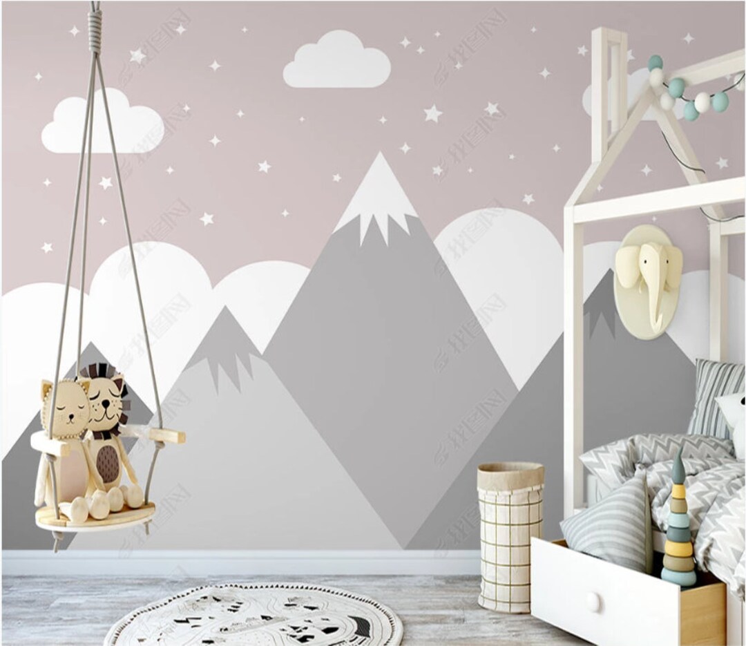 Geometric Mountain Children's Room Wall Mural, Lovely Starry Sky and ...