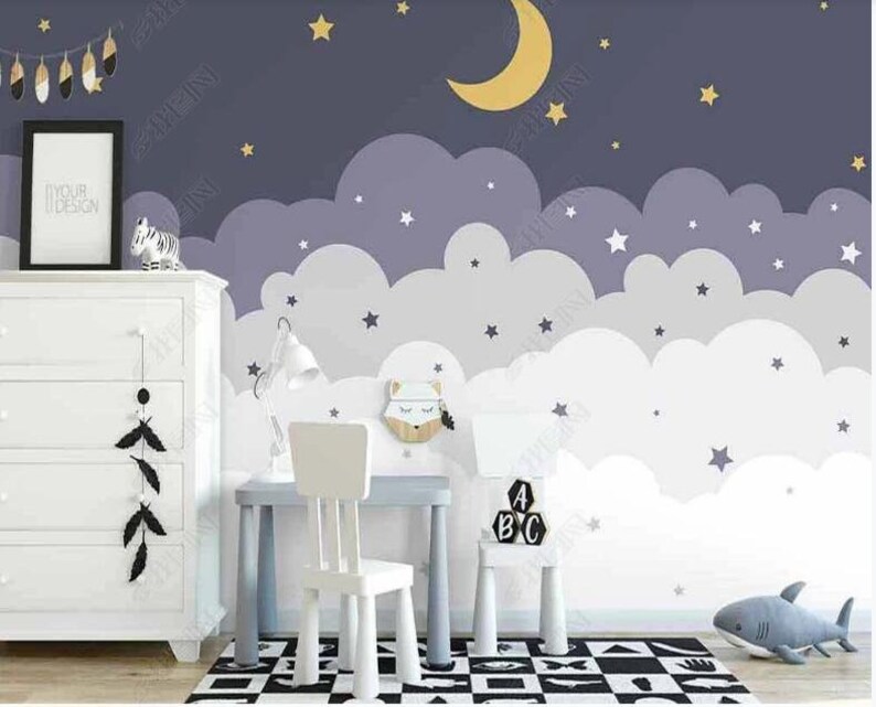 Navy Background White Navy Clouds Nursery Wallpaper Wall Mural, Stars ...
