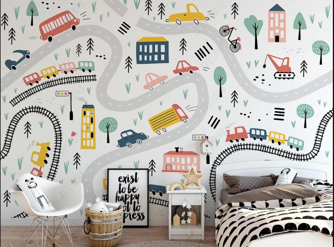 Cartoon City Road Car Bus Vehicle Children's Room Nursery Kids Wall ...