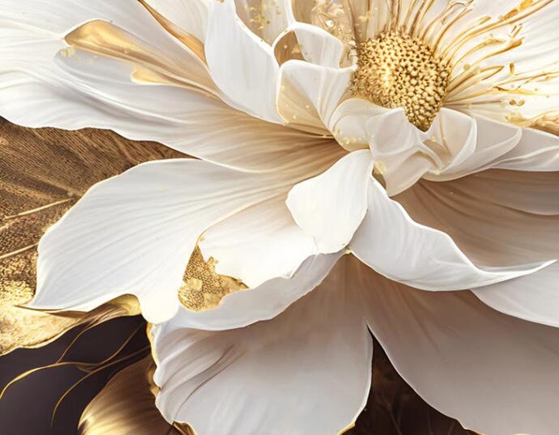 Modern White Flower Wall Art, White Gold Flower Digital Download ...