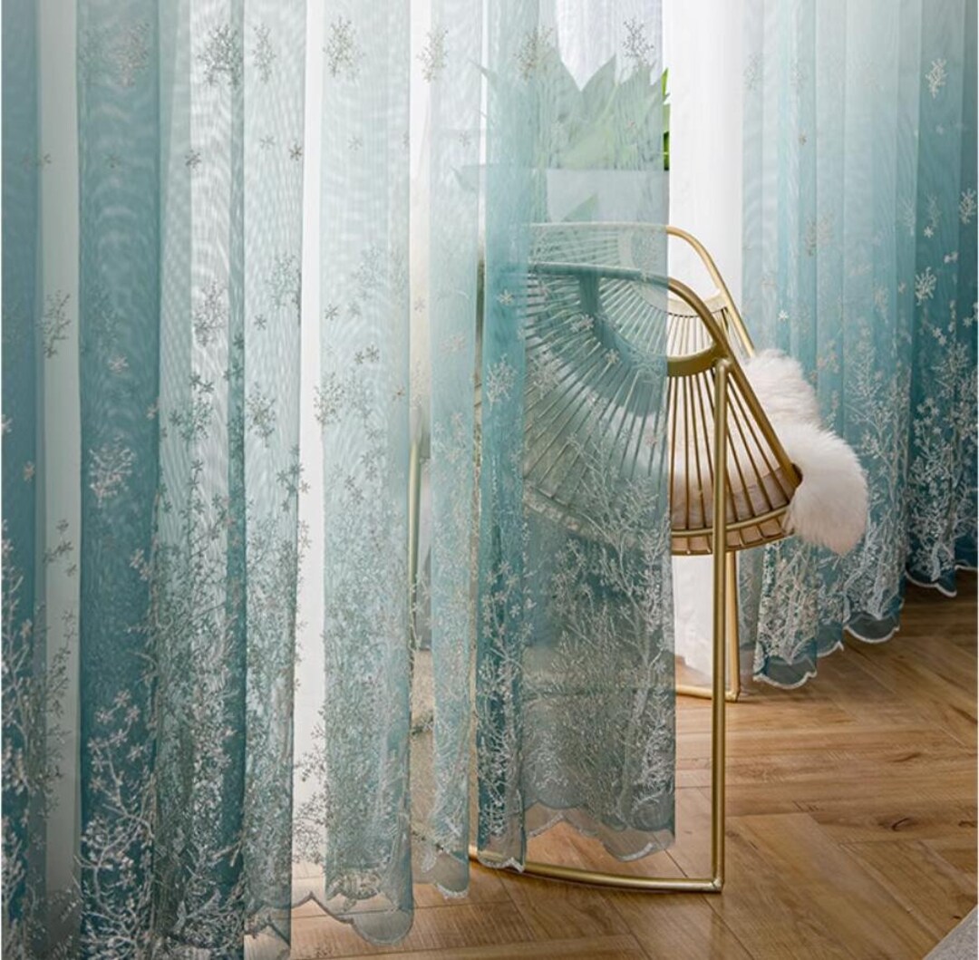 One Panel Ombre Gray/aqua Tulle Curtains, Pants Embroidery Sheer ...
