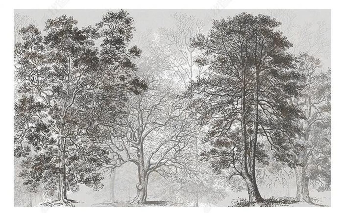 Gray Trees Forest Wallpaper Wall Mural Forest Trees Wall - Etsy
