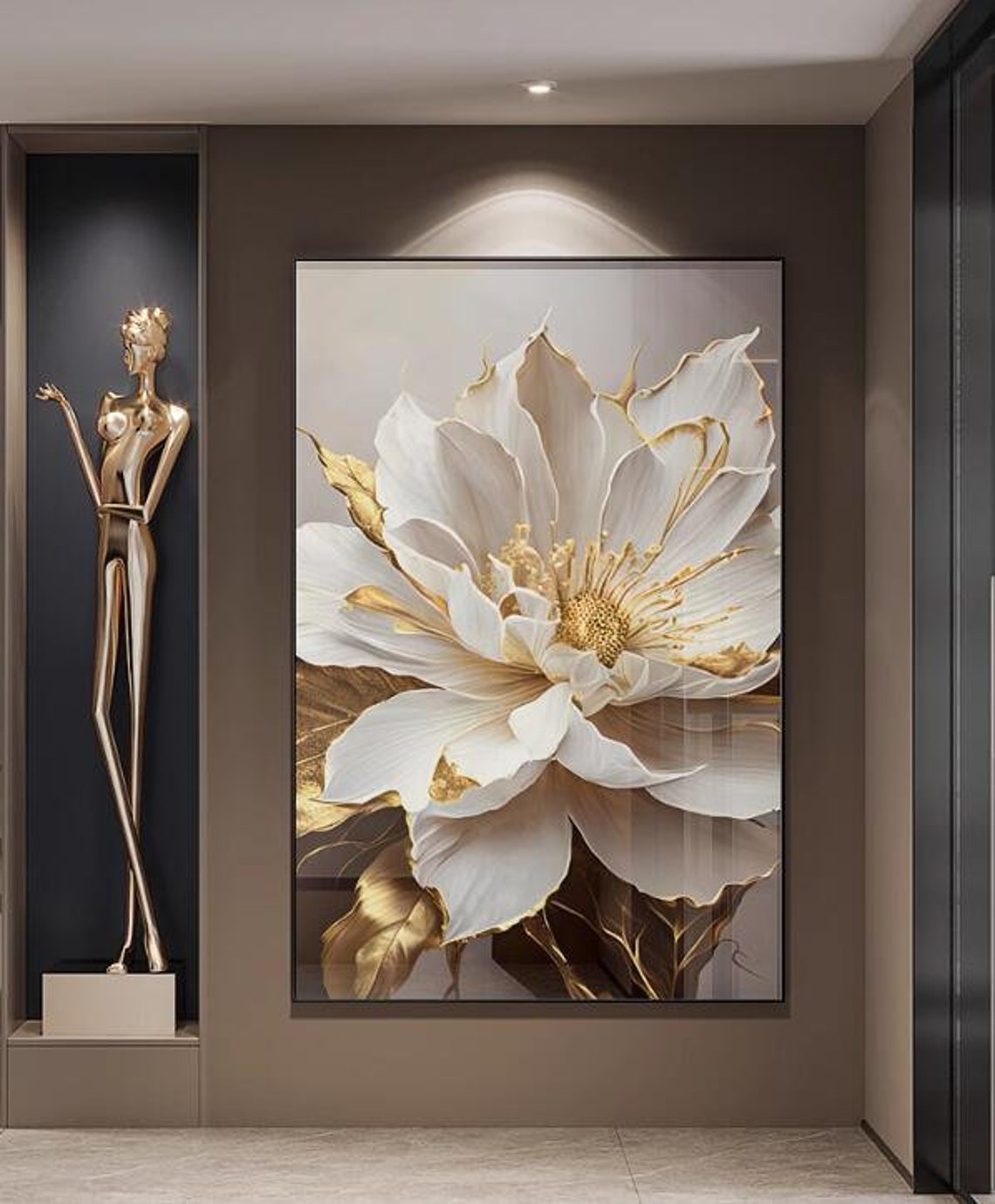 Modern White Flower Wall Art, White Gold Flower Digital Download ...