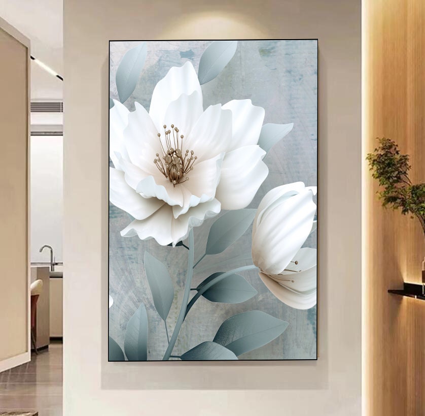 Modern White Flowers Wall Art, White Flowers Digital Download, Flowers ...