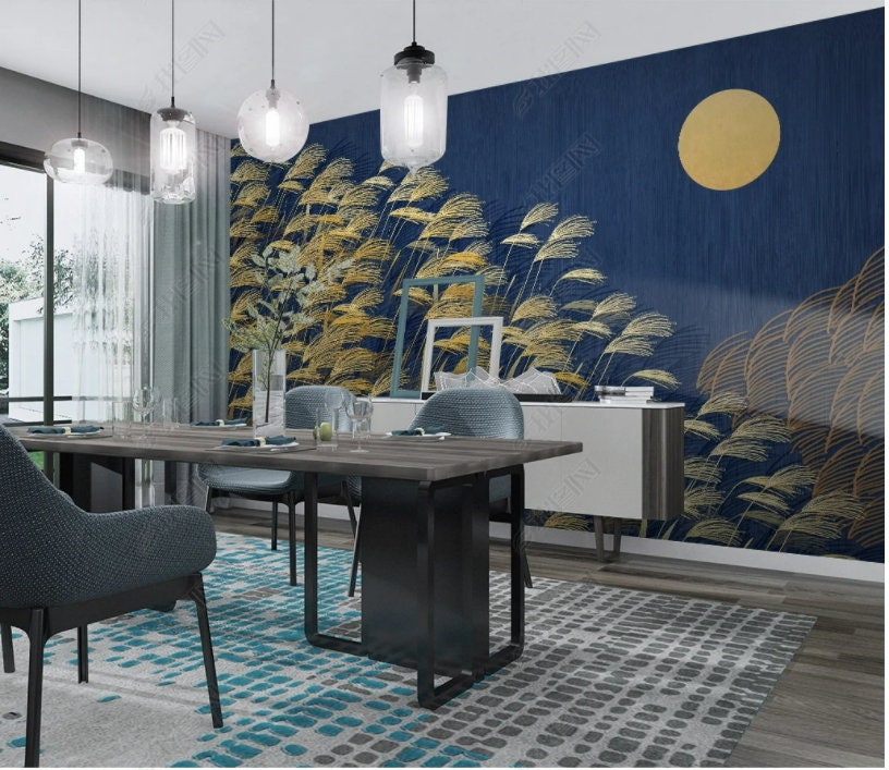 Gold Reed Blue Background With Moon Wallpaper Wall Murals Home - Etsy