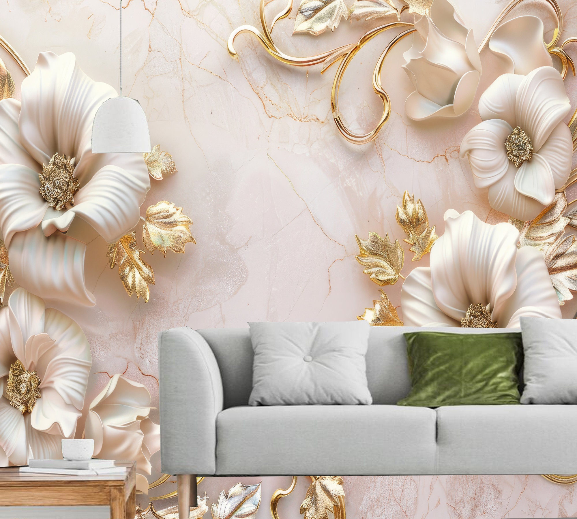Pink Marble Flowers Floral Wallpaper, Golden Flowers Floral Wall Mural ...