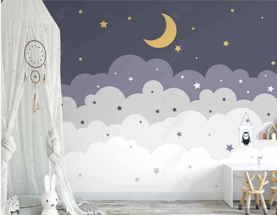 Navy Background White Navy Clouds Nursery Wallpaper Wall - Etsy