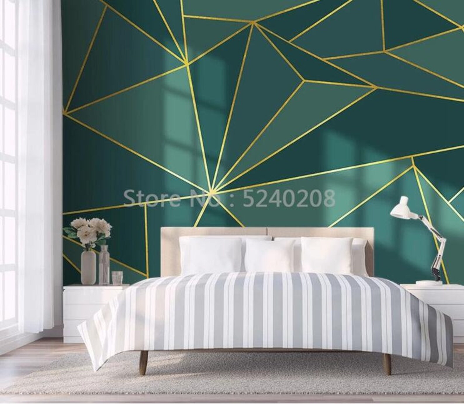 Modern Simple Green Geometric Golden Line Wallpaper Living - Etsy
