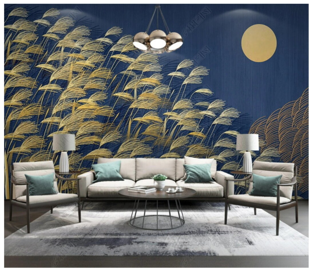 Gold Reed Blue Background With Moon Wallpaper Wall Murals Home Decor - Etsy
