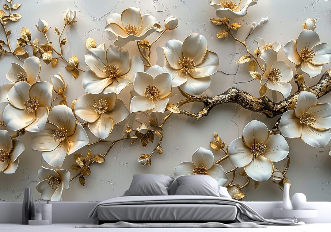 White Wall Mounted Tree With Gold Flower Motifs Style Decorative ...