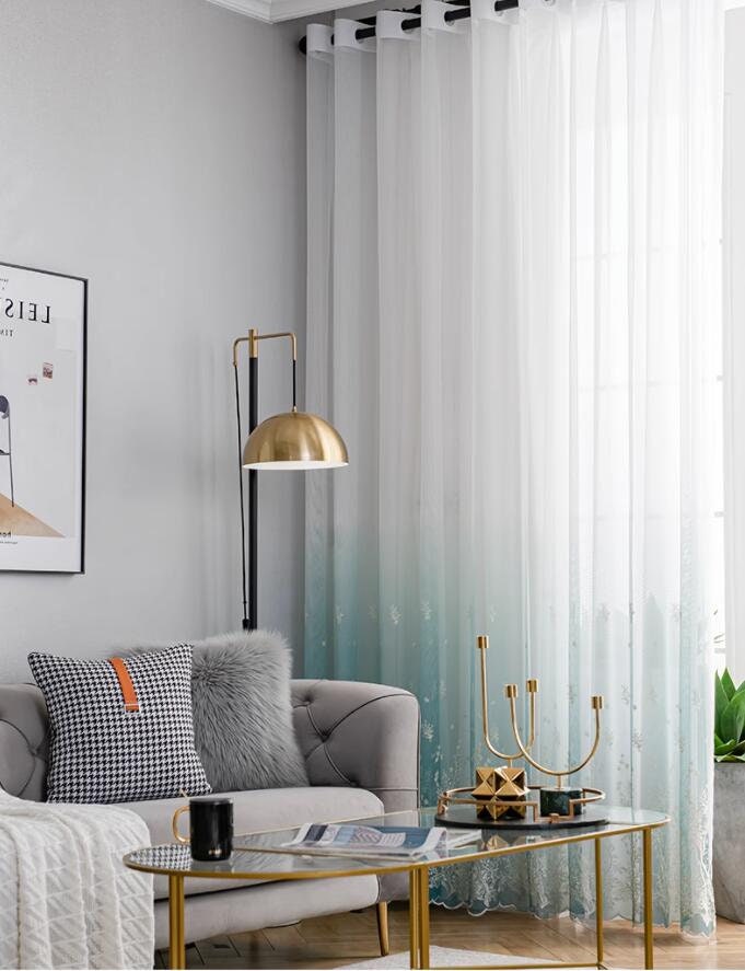 One Panel Ombre Gray/aqua Tulle Curtains, Pants Embroidery Sheer ...