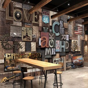 Vintage Nostalgic Wood Grain Board Industrial Style Graffiti Wallpaper ...