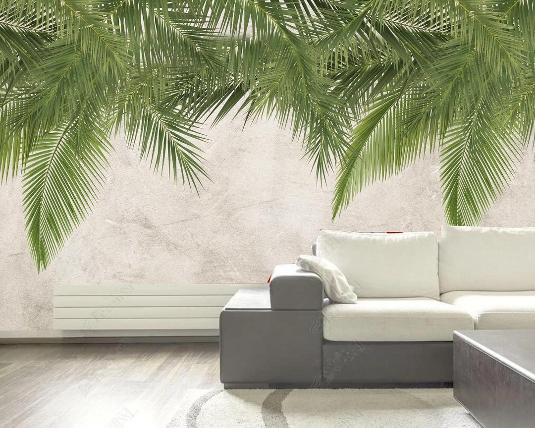 Grey Concrete Wall Texture Palm Tree Leaf Wallpaper, Green Tropical ...