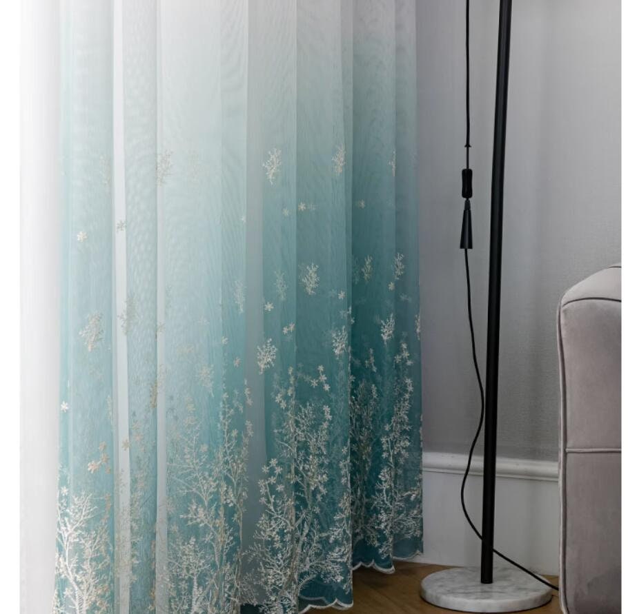 One Panel Ombre Gray/aqua Tulle Curtains, Pants Embroidery Sheer ...
