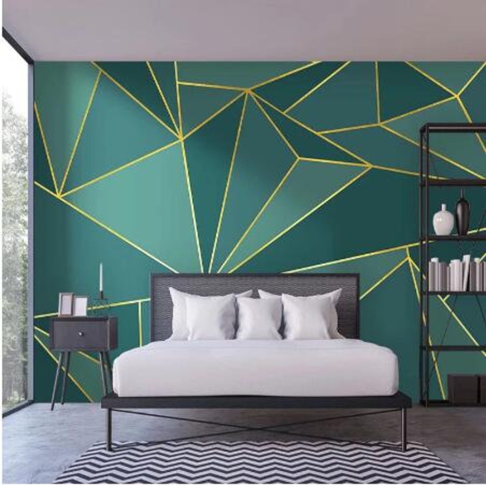 Modern Simple Green Geometric Golden Line Wallpaper Living - Etsy