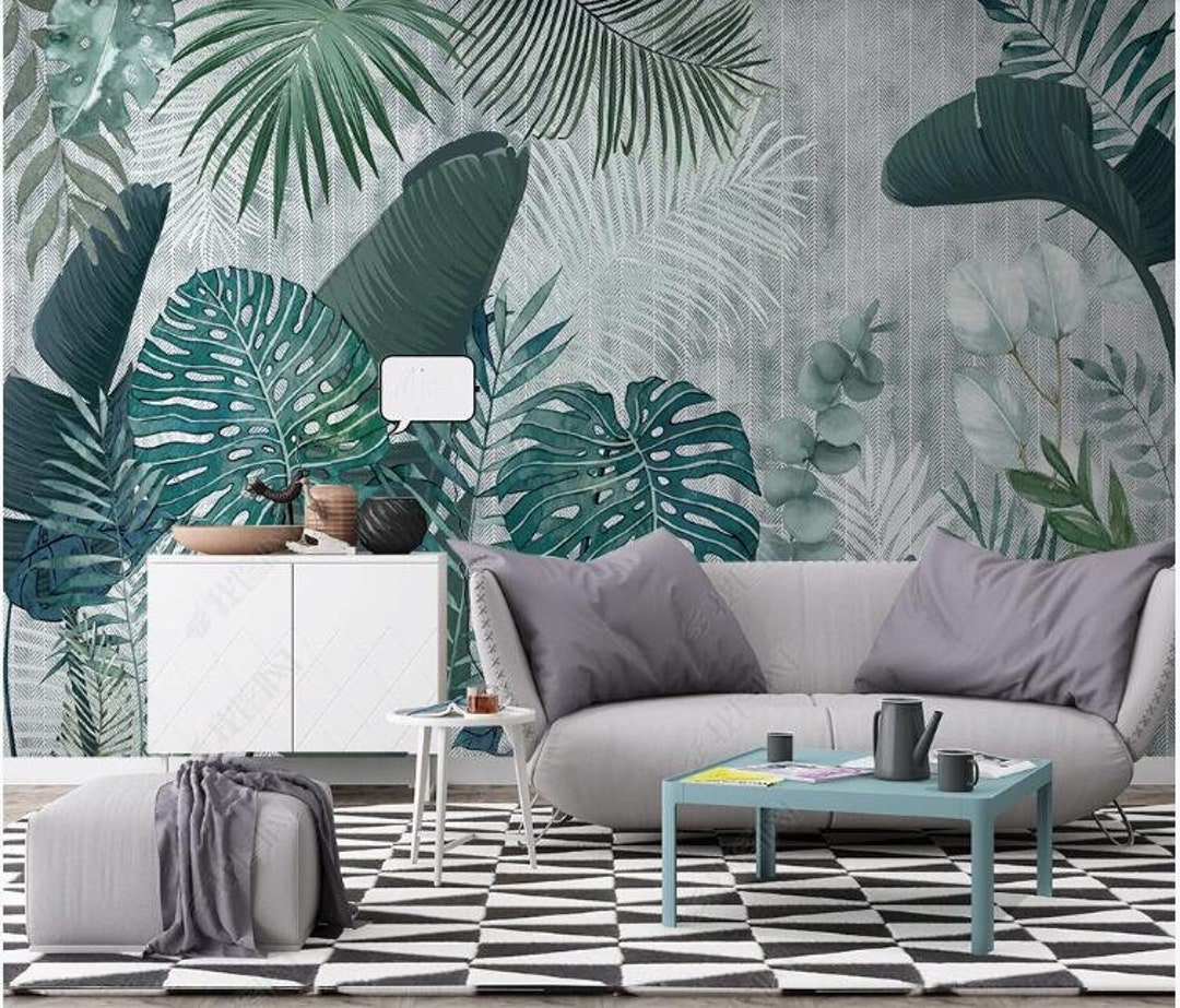 Green Tropical Plants Wallpaper Wall Mural Simple Several - Etsy