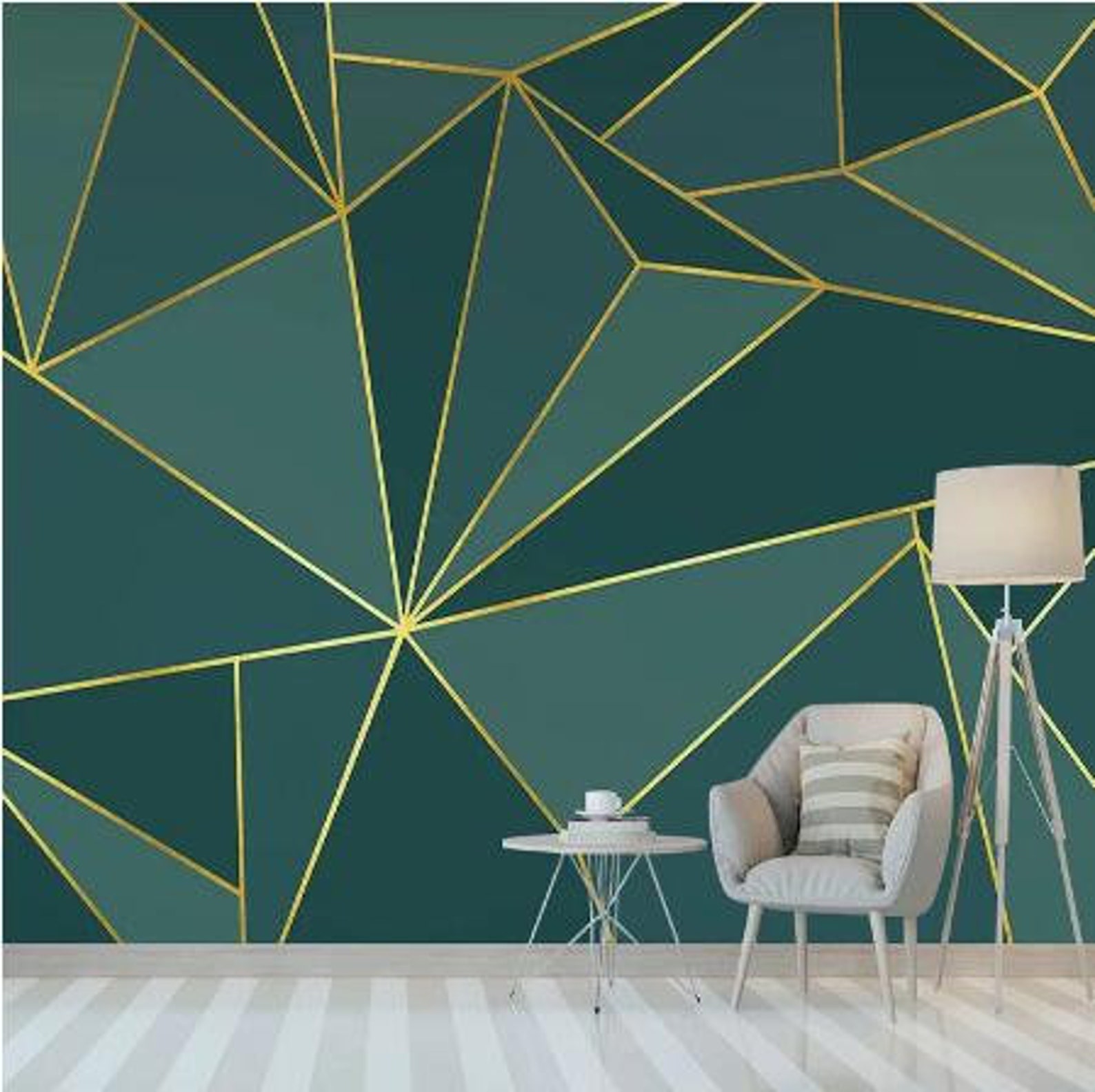 Modern Simple Green Geometric Golden Line Wallpaper Living - Etsy