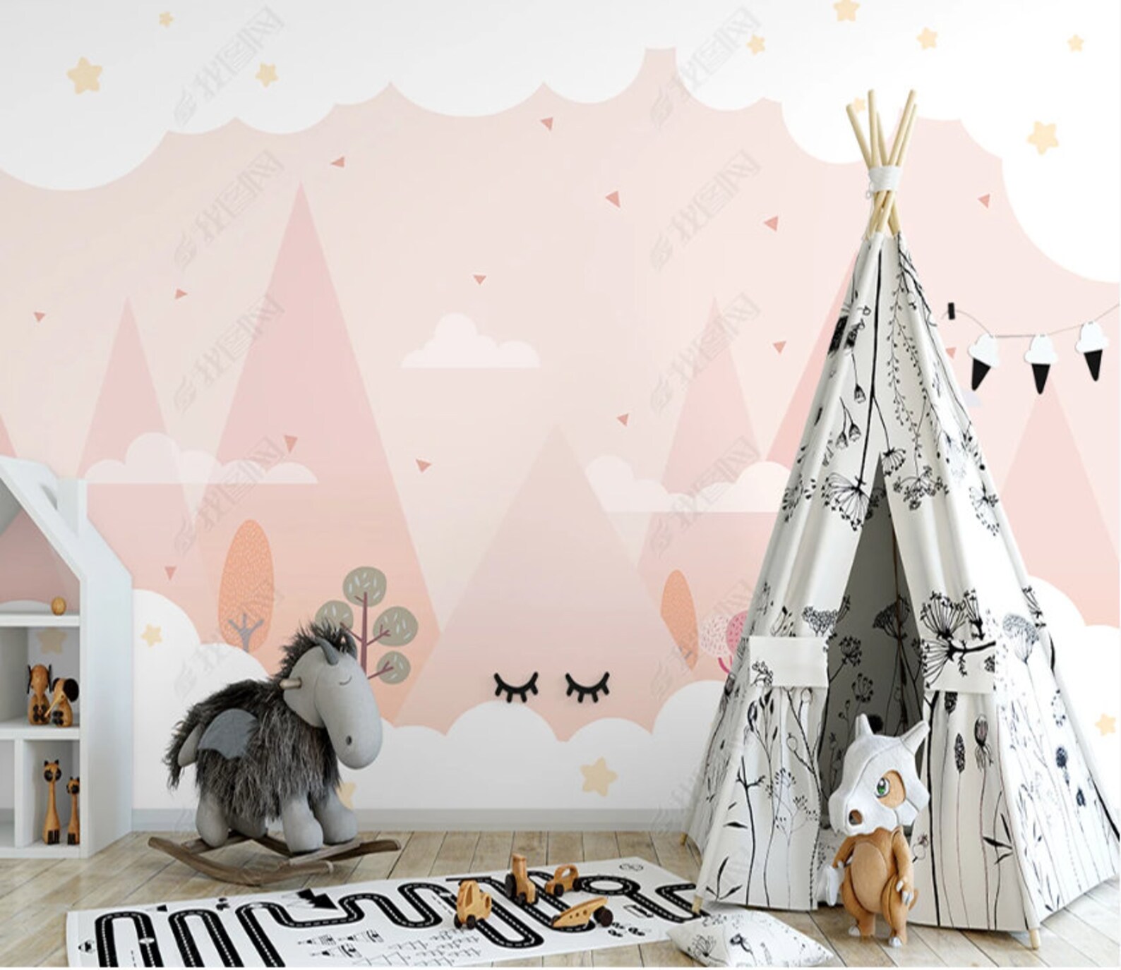 Geometric Mountain Girl's Room Wall Mural Pink Clouds - Etsy