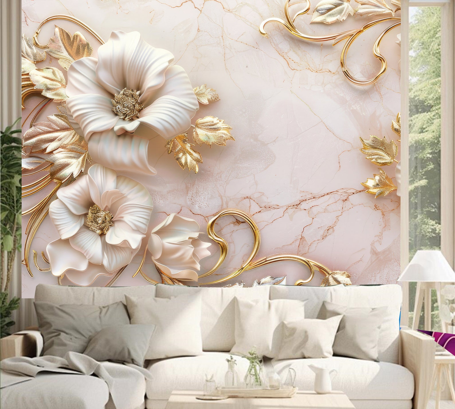 Pink Marble Flowers Floral Wallpaper, Golden Flowers Floral Wall Mural ...