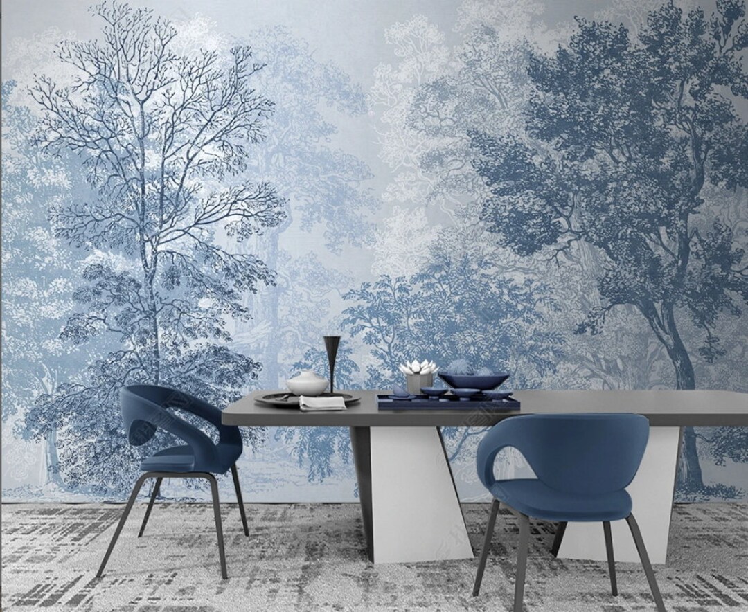 Blue Forest Trees Wallpaper Wall Mural, Forest Wall Mural Wall Decor - Etsy
