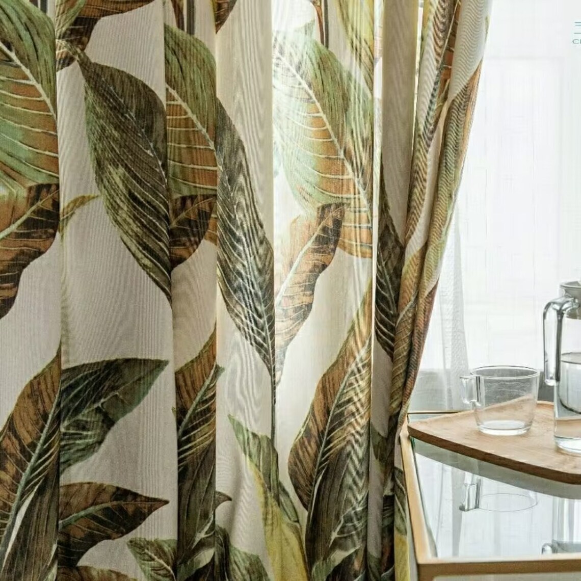 One Panel Rustic Retro Banana Leaves Plants Print Curtains, Translucent ...