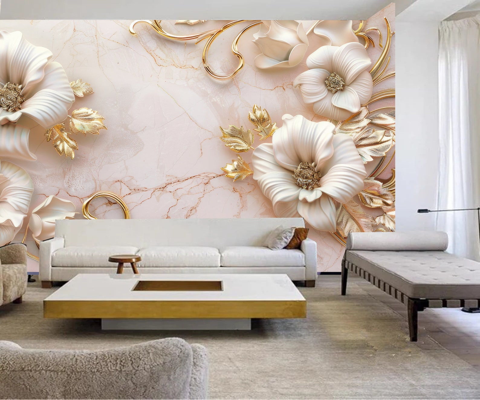 Pink Marble Flowers Floral Wallpaper, Golden Flowers Floral Wall Mural ...