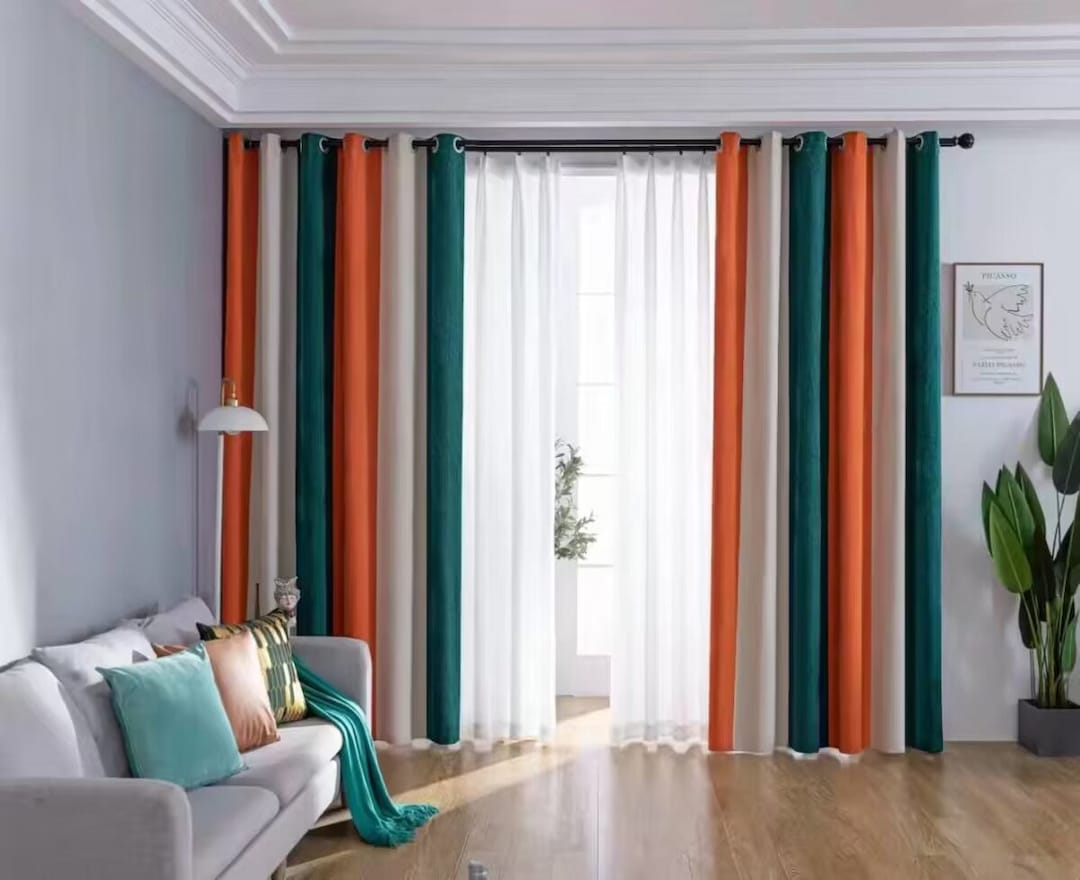 One Panel Ombre Curtains Splicing Curtains, Orange White Green Multi ...