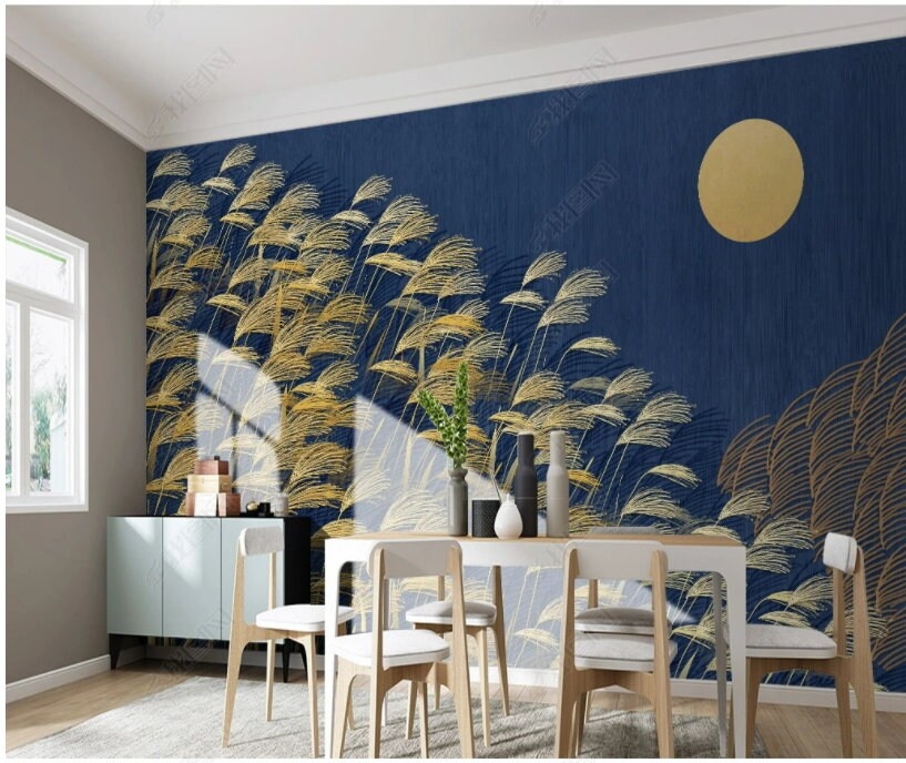 Gold Reed Blue Background With Moon Wallpaper Wall Murals Home - Etsy