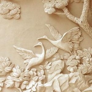 3D Relief Tree Mural Wallpaper Swans Flowers Pine Tree Mural Wall Decor ...