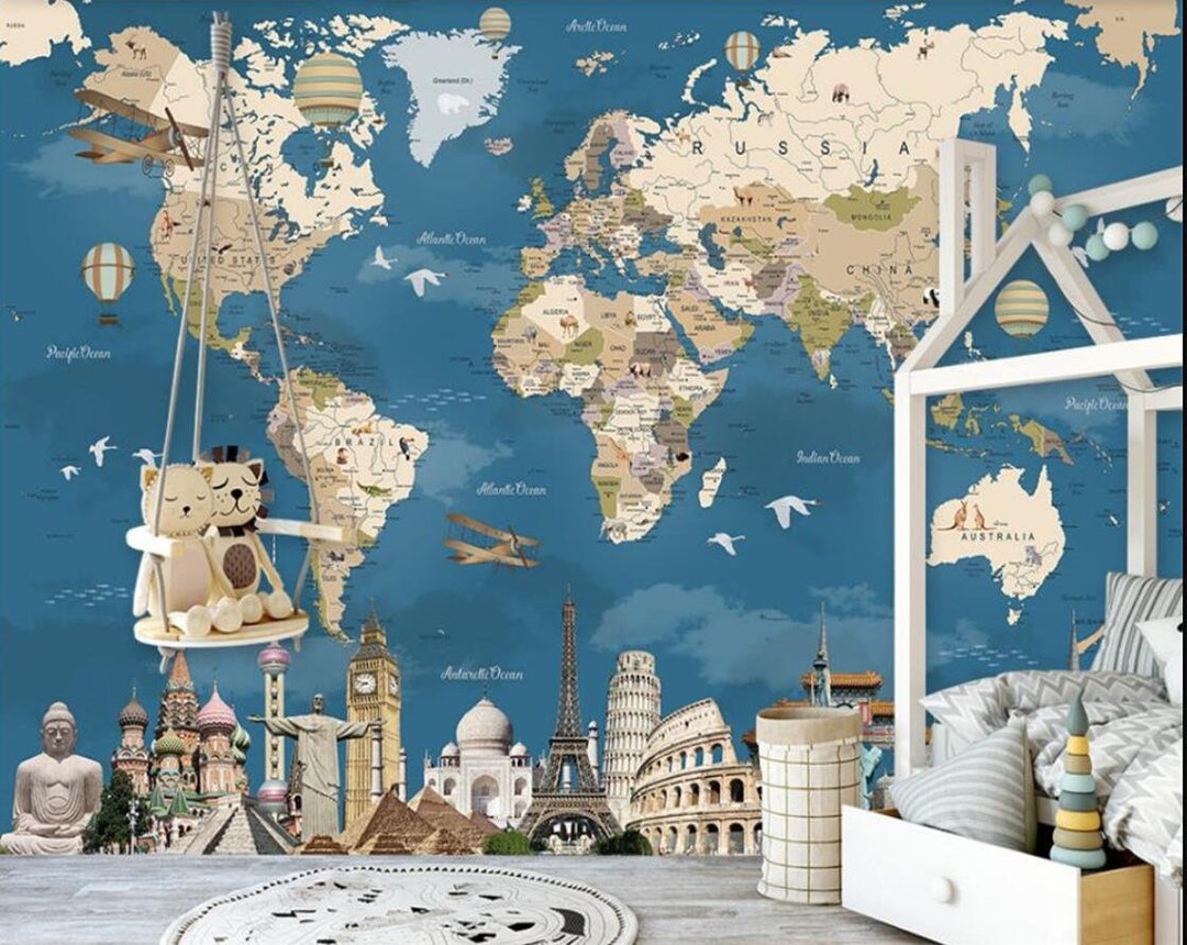 Cartoon World Map Architectures Nursery Kids' Room Living Room Bedroom ...