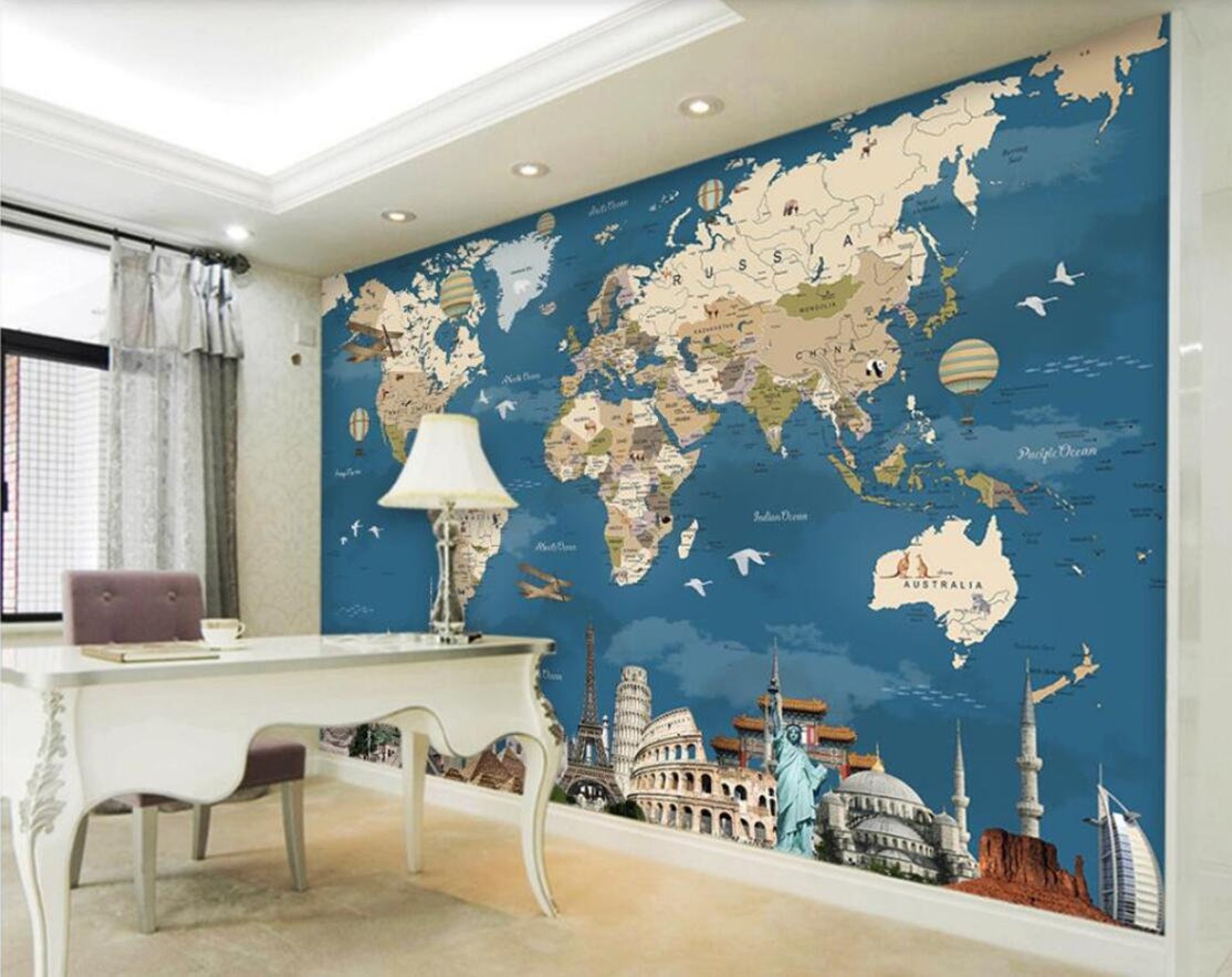 Cartoon World Map Architectures Nursery Kids' Room Living Room Bedroom ...
