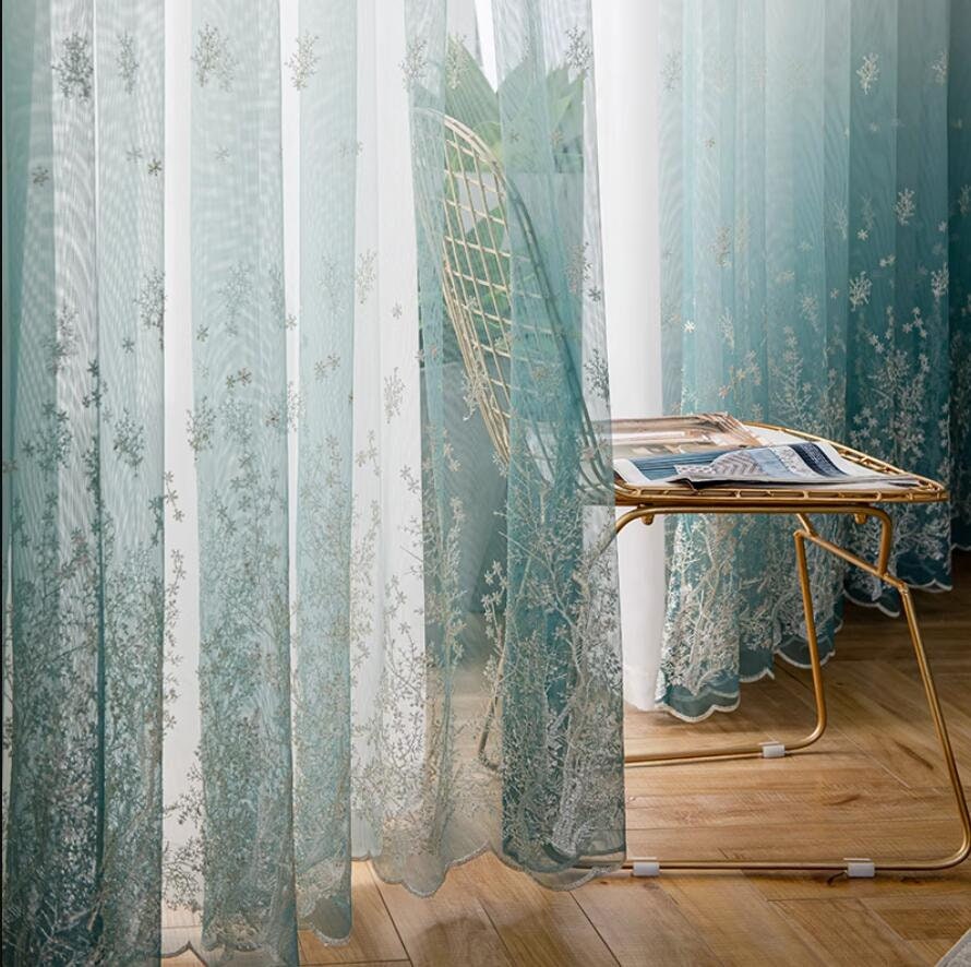 One Panel Ombre Gray/aqua Tulle Curtains, Pants Embroidery Sheer ...