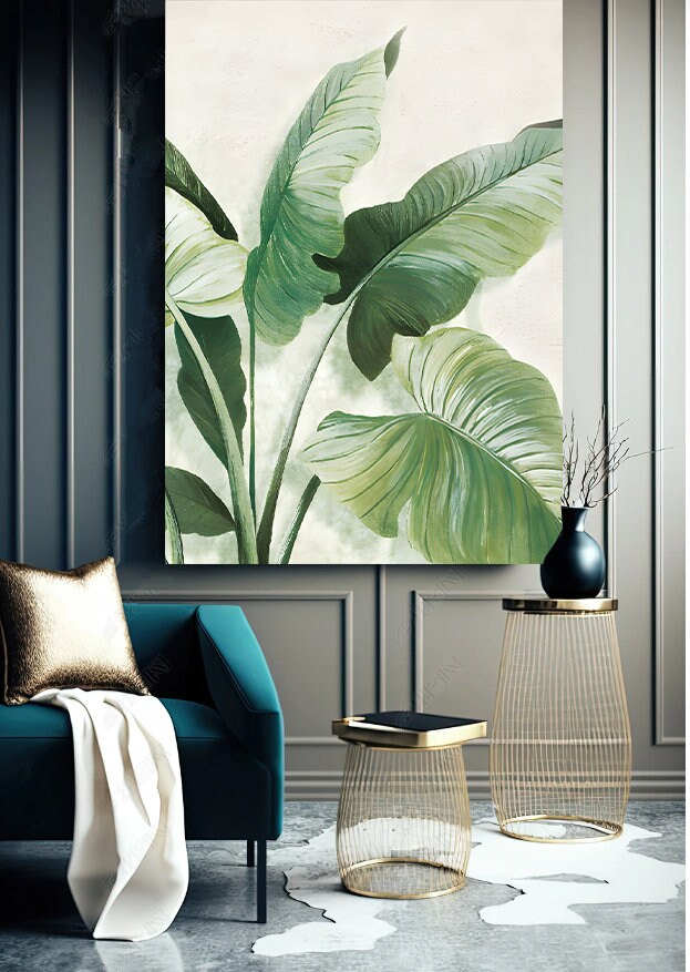 Minimalism Green Leaf Wall Art, Banana Leaves Plant Painting Canvas Art ...