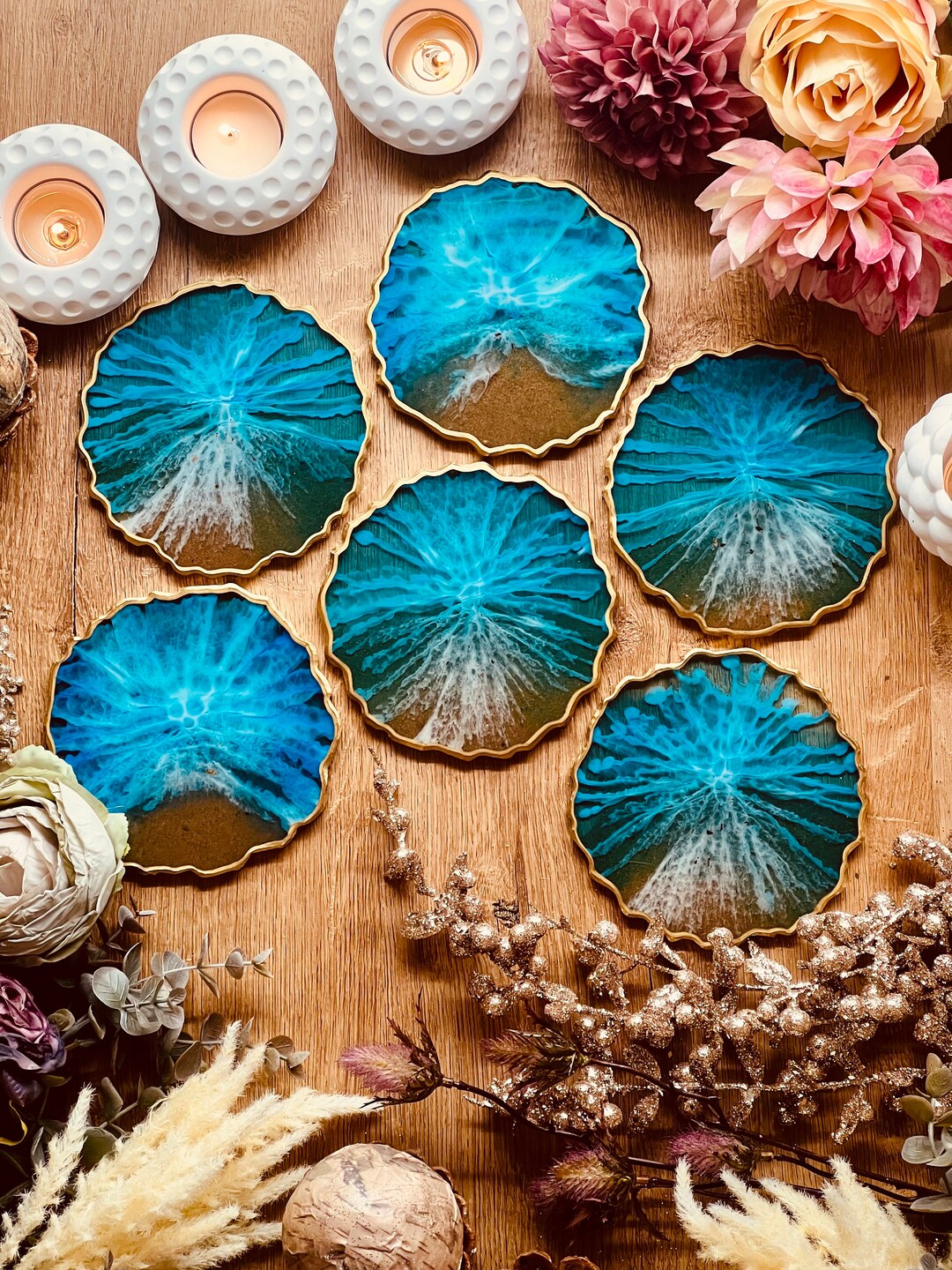 Resin Coasters in Blue Gold in Ocean Design Gift Set Wedding - Etsy