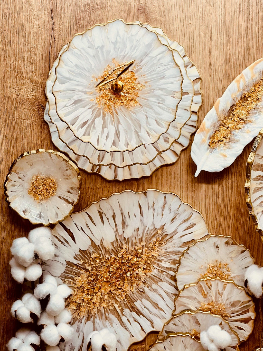 White Gold Decoration Set | Epoxy Resin Etagere | Tray | Bowl | Coaster ...