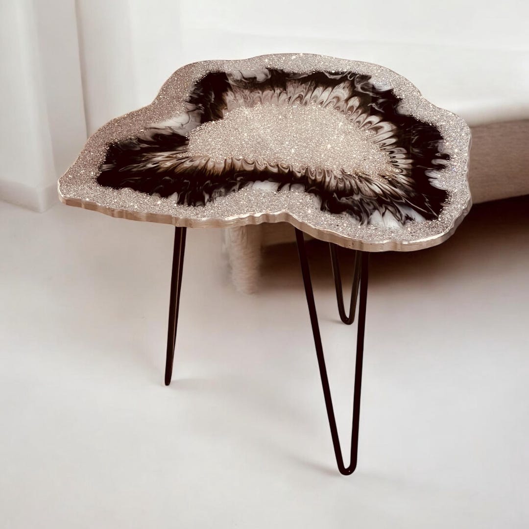 Epoxy Resin Kidney shaped Coffee Table Silver Glitter Black