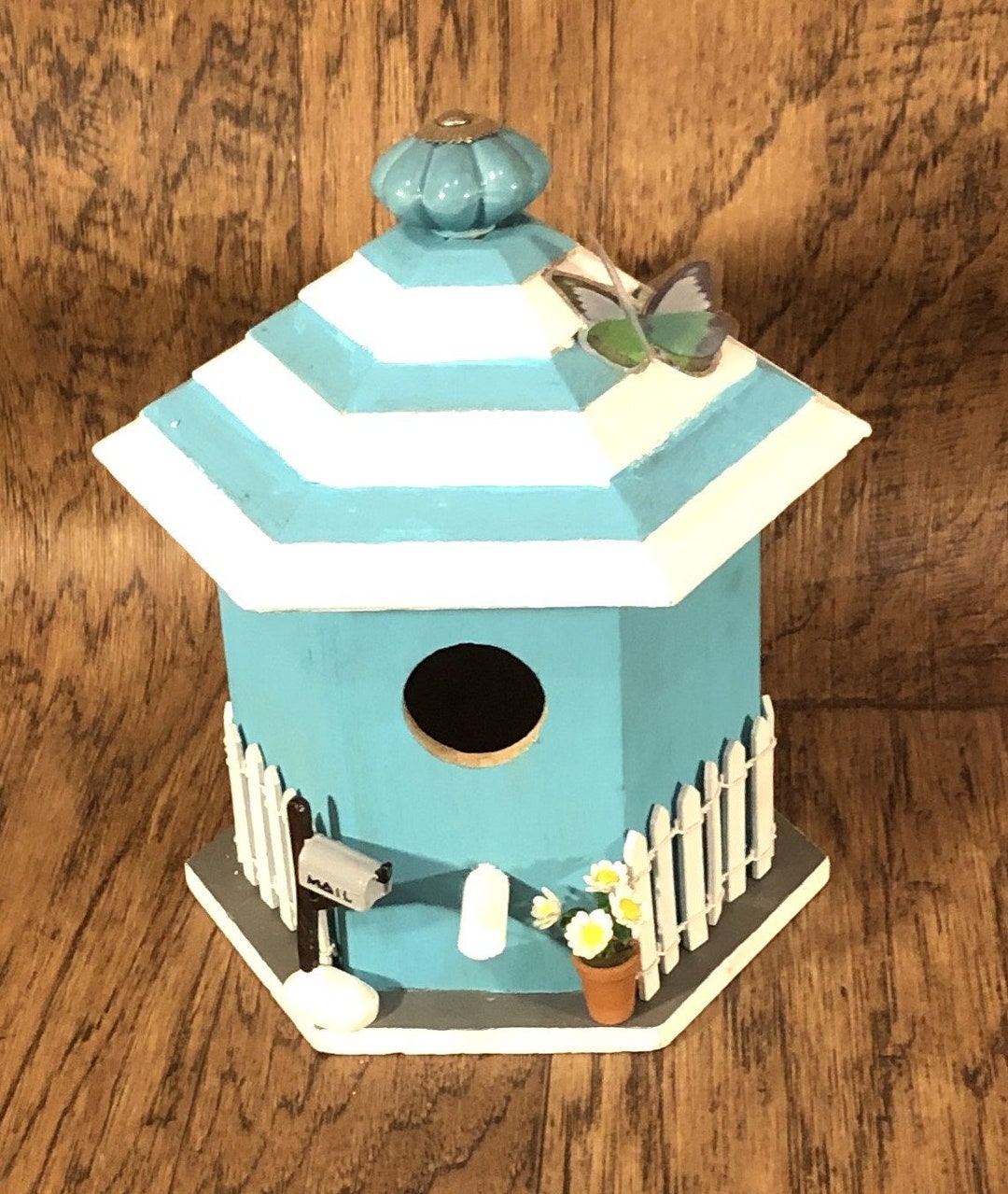Light Blue & White Hand Painted Wood 9 X 7 X 7 Birdhouse With Picket ...