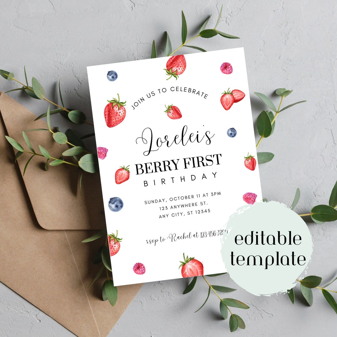 Berry First Birthday Invitation Template | Berries | First Birthday ...