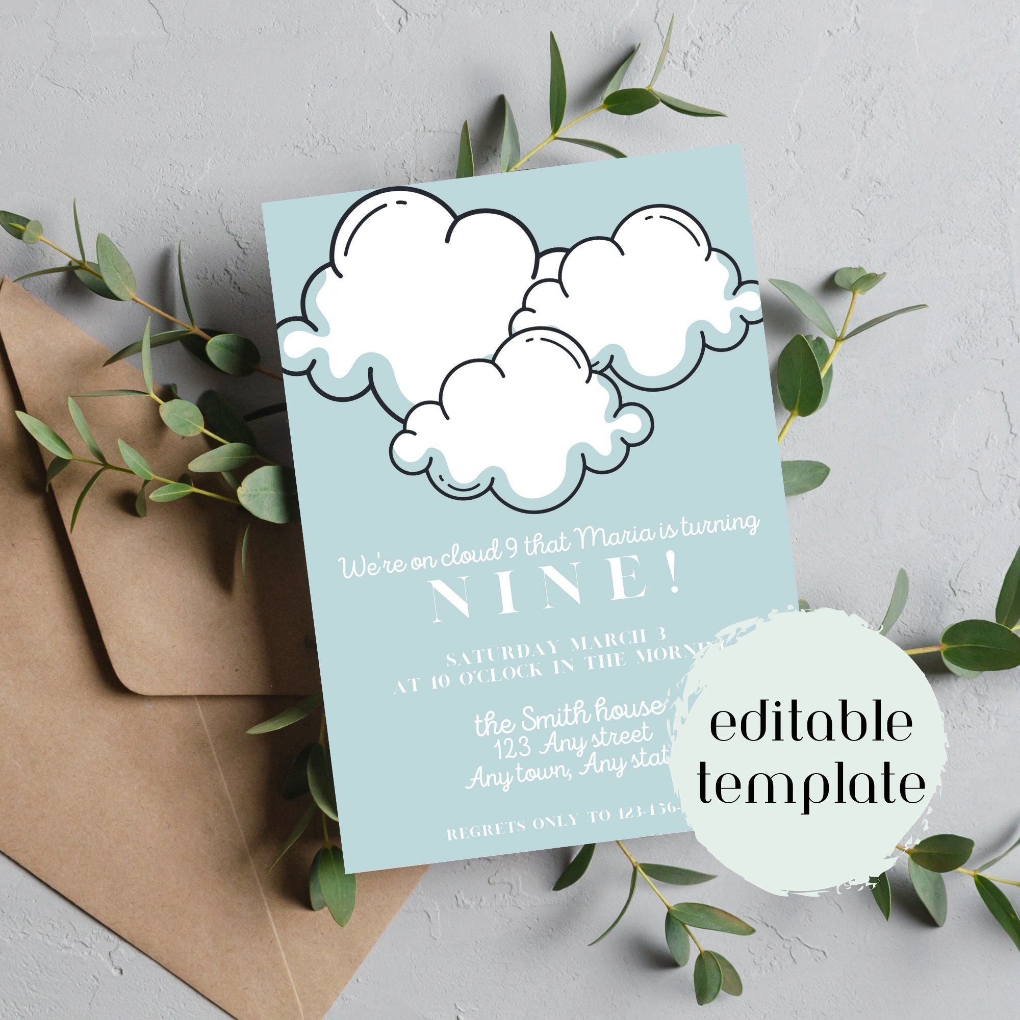Cloud 9 Birthday Invite Template | Nine Year Old Birthday Invite ...