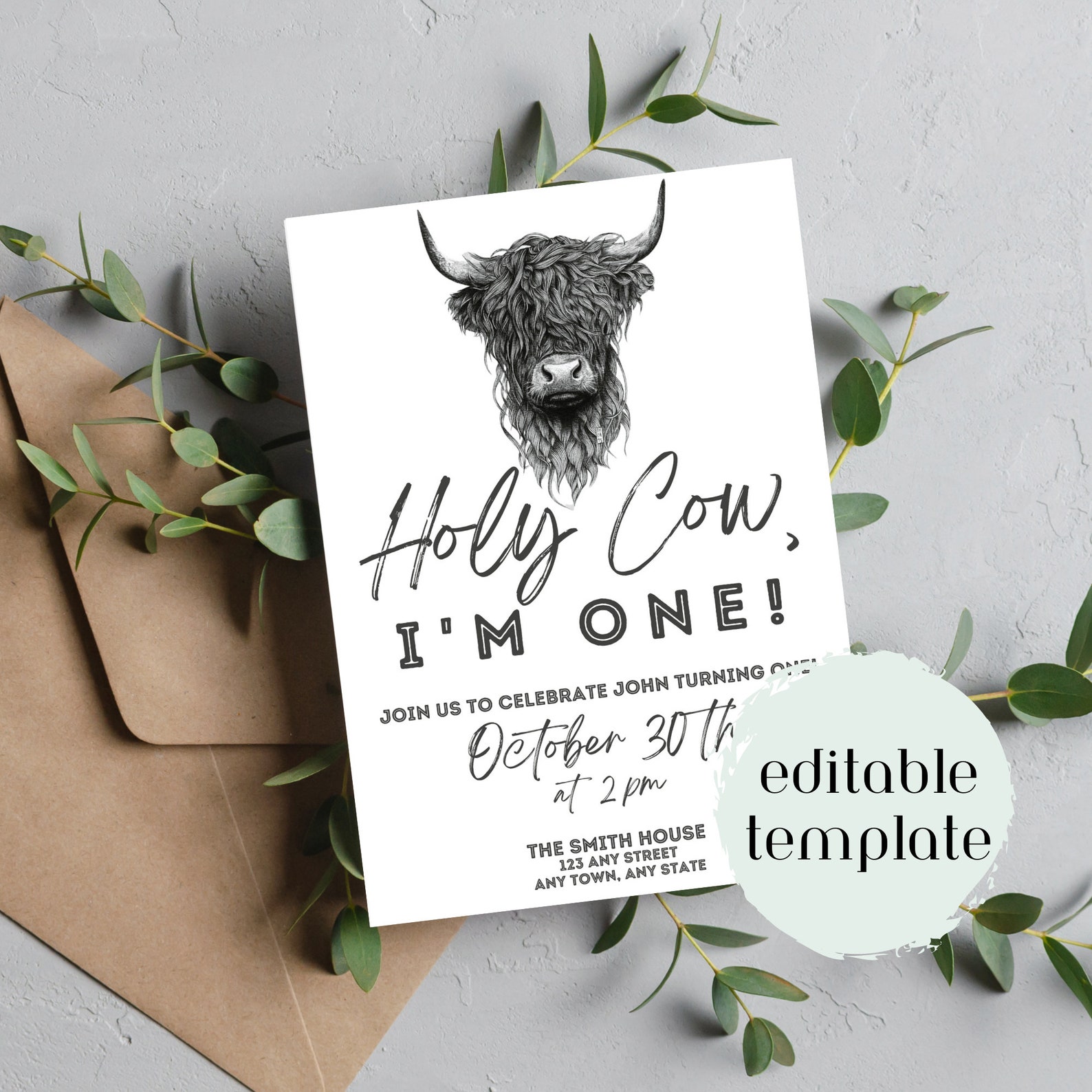 Black & White Highland Cow Birthday Invite Template | Farm | Any Age ...