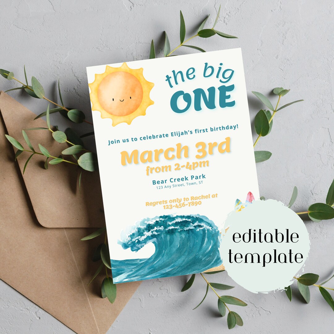 The Big One Birthday Template | Beach | Surfing | Any Age + First ...