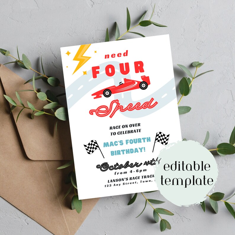 Need FOUR Speed Birthday Invitation | 4th Birthday Party | Racing ...
