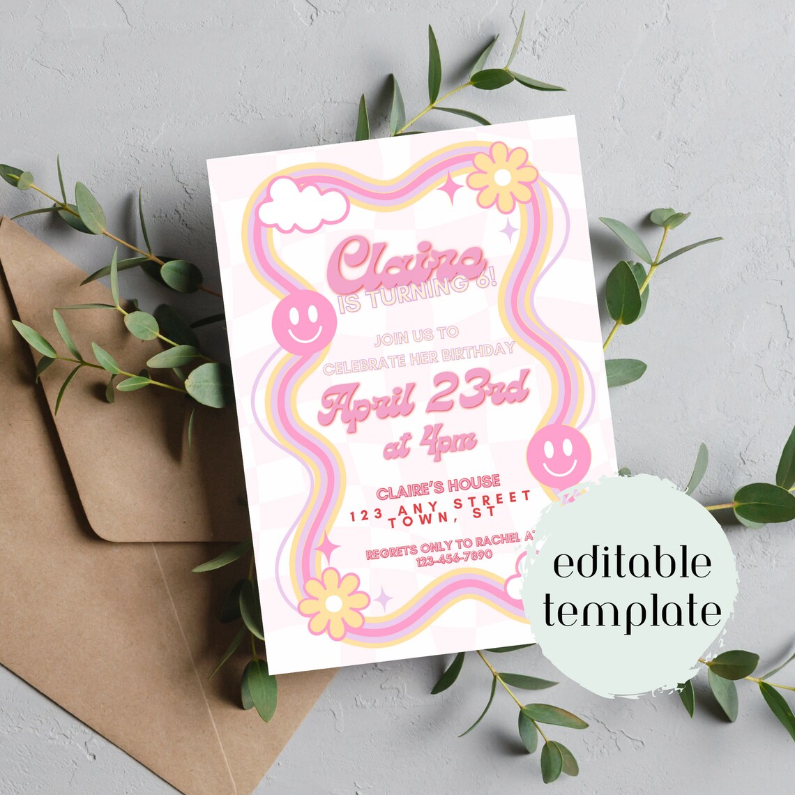 Girly Birthday Invitation Template | Girl | Smiley Faces | Pink ...
