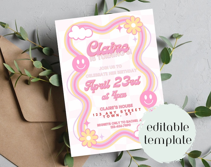Girly Birthday Invitation Template | Girl | Smiley Faces | Pink ...