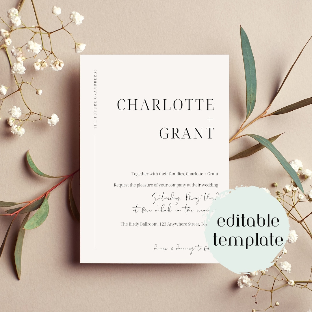 Simple + Clean Wedding Invitation Template | Wedding Day | Wedding ...