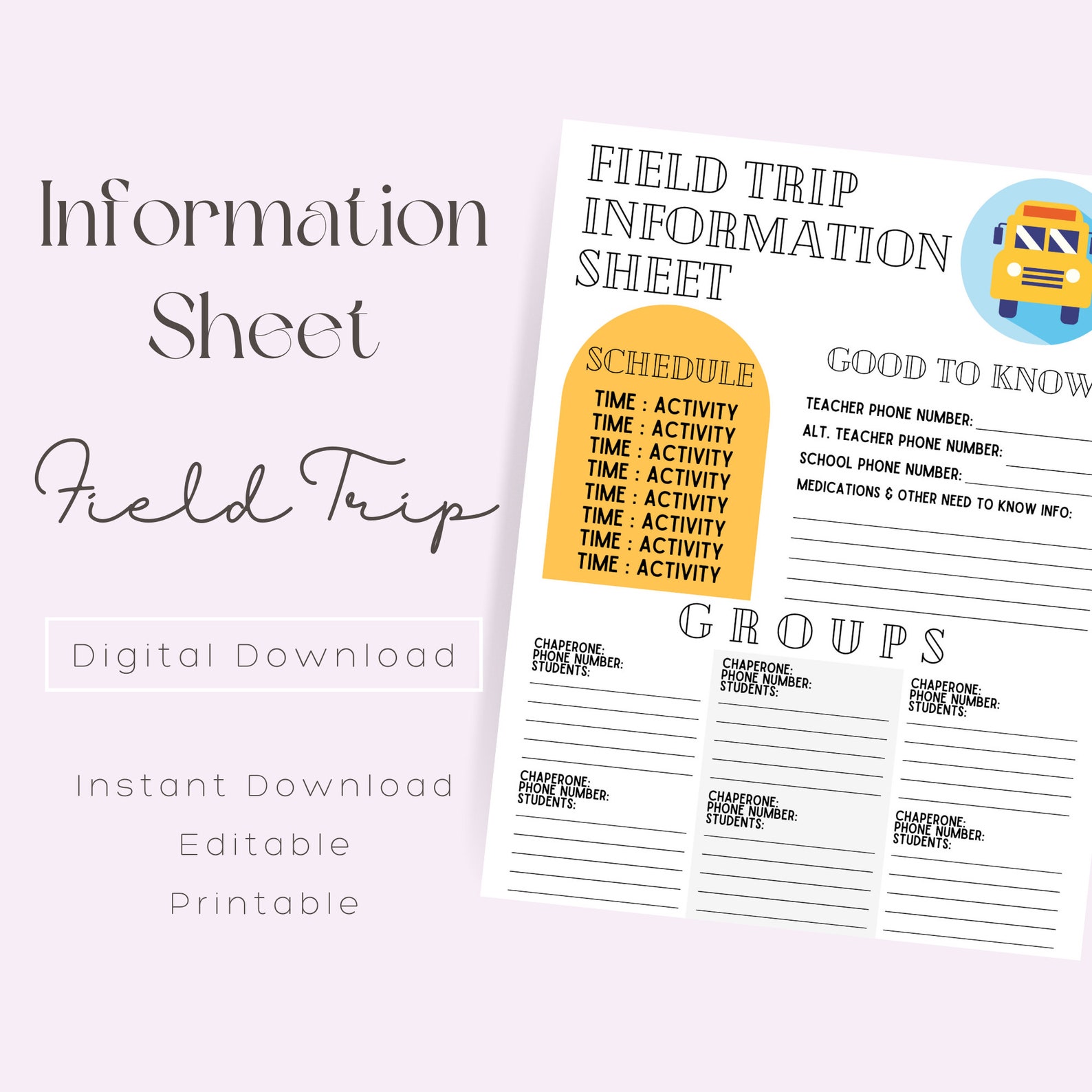 Field Trip Information Sheet Classroom Forms Forms for - Etsy