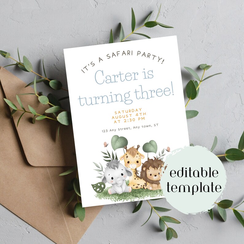 Safari Party Birthday Invite Template First Birthday Any Age Animals ...