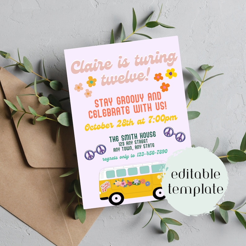 Flower Power Birthday Invitation Template | 60s 70s Birthday Party ...
