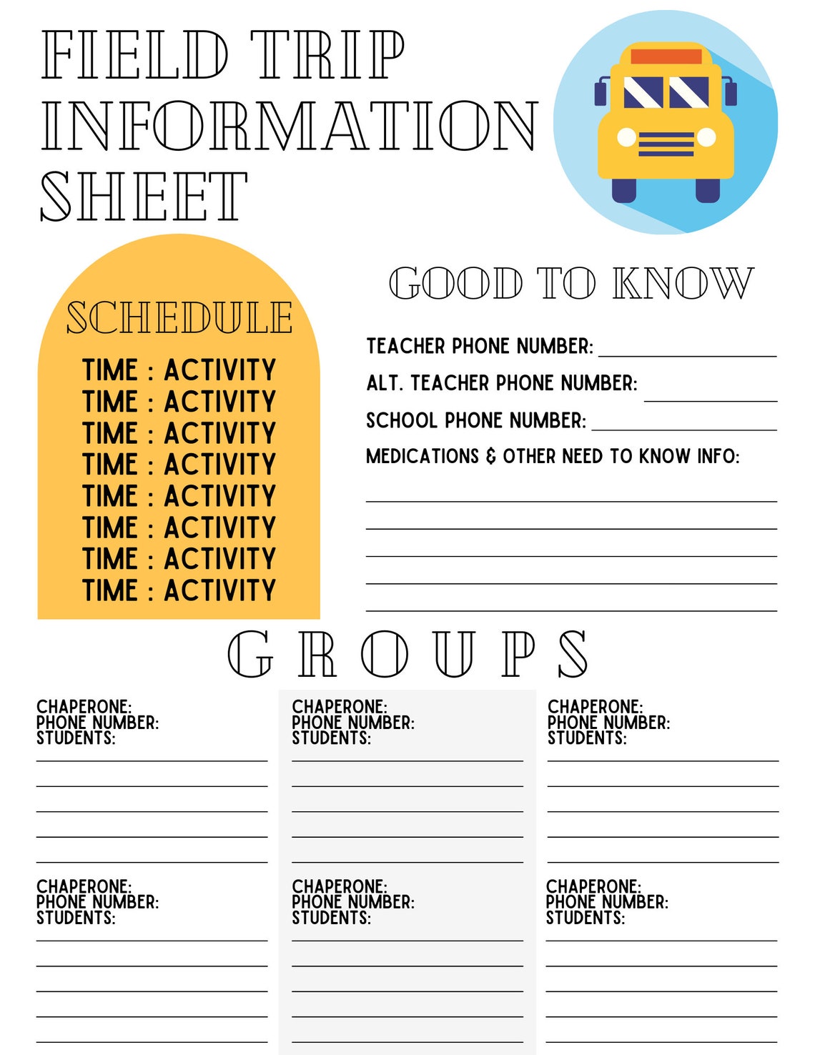 Field Trip Information Sheet Classroom Forms Forms for - Etsy