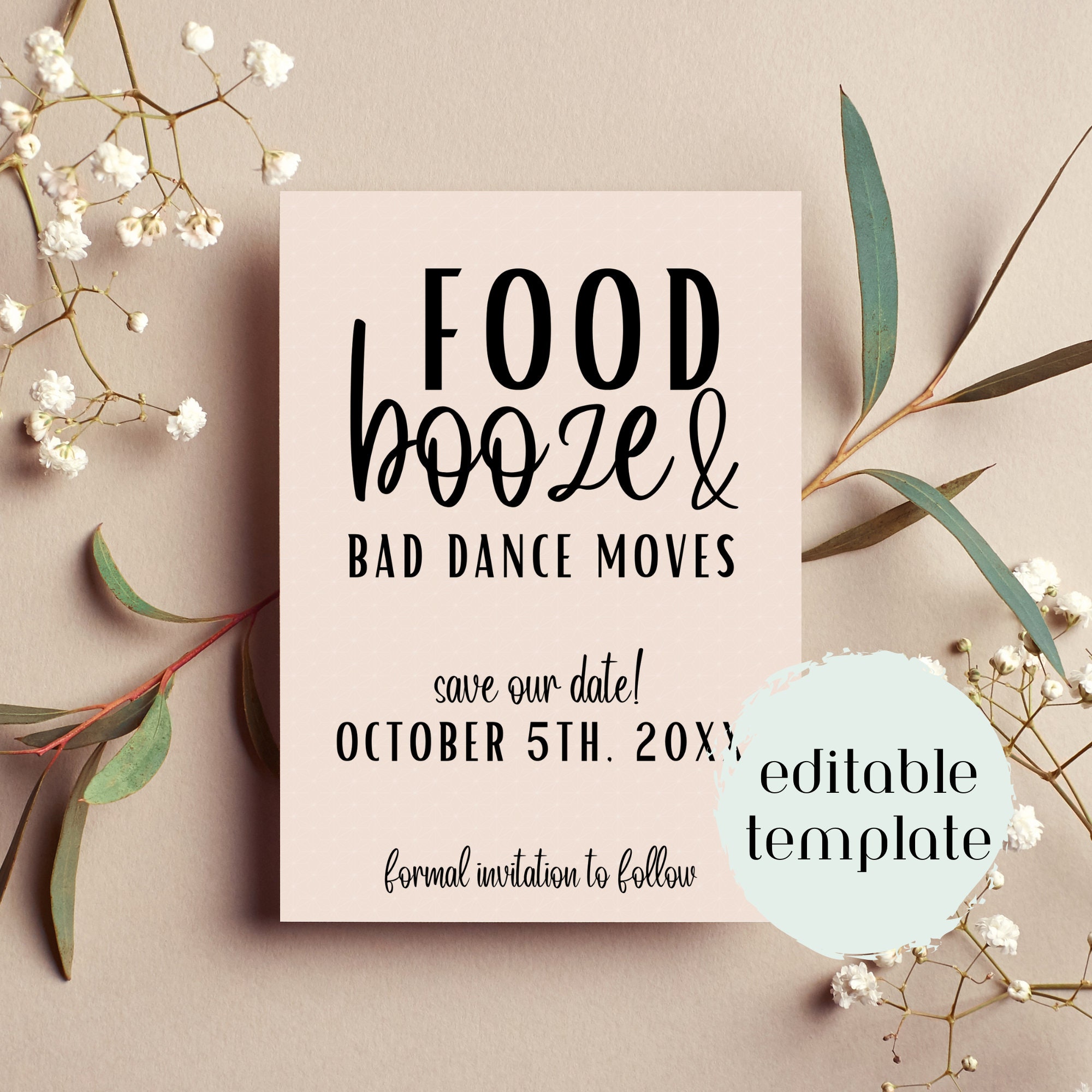 Booze food and bad dance moves wedding invitations ...